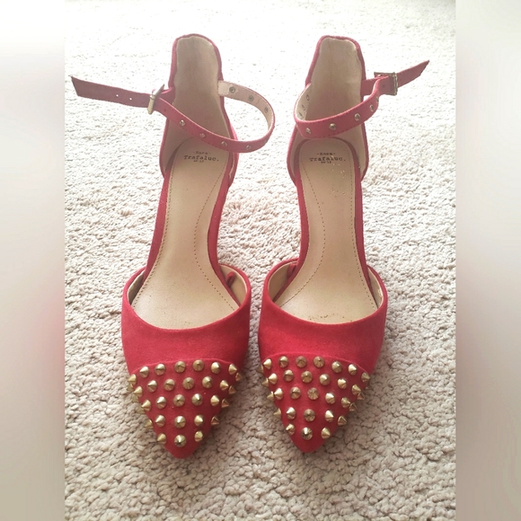 Zara | Shoes | Zara Red Spikes Kitten Heel With Ankle Strap In Size 6 ...